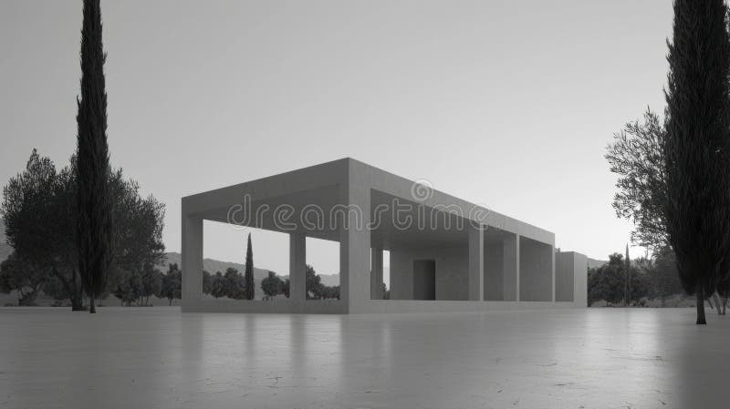 A Modern Concrete Building with a Large Open Roof and Columns. Stock ...