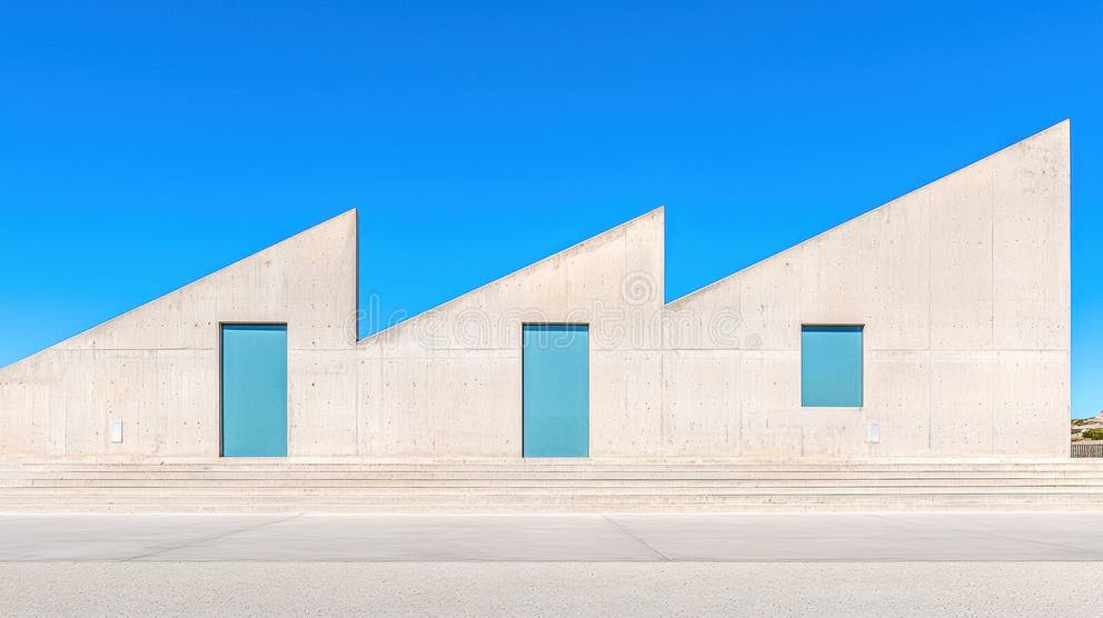 A Modern Concrete Building with a Triangular Roof and Three Blue Doors ...