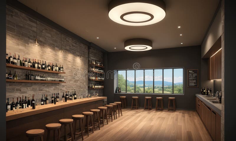 Modern Wine Bar with Wooden Counter, Stools, and Shelves Displaying ...