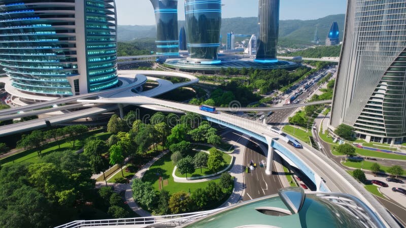 The Image Depicts a Modern City with Tall Buildings, Intersecting Roads ...