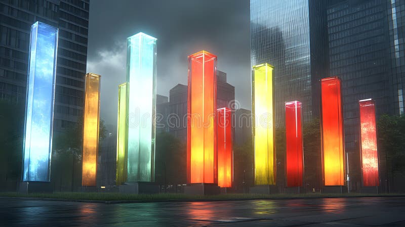 Illuminated City Columns at Dusk Stock Illustration - Illustration of ...