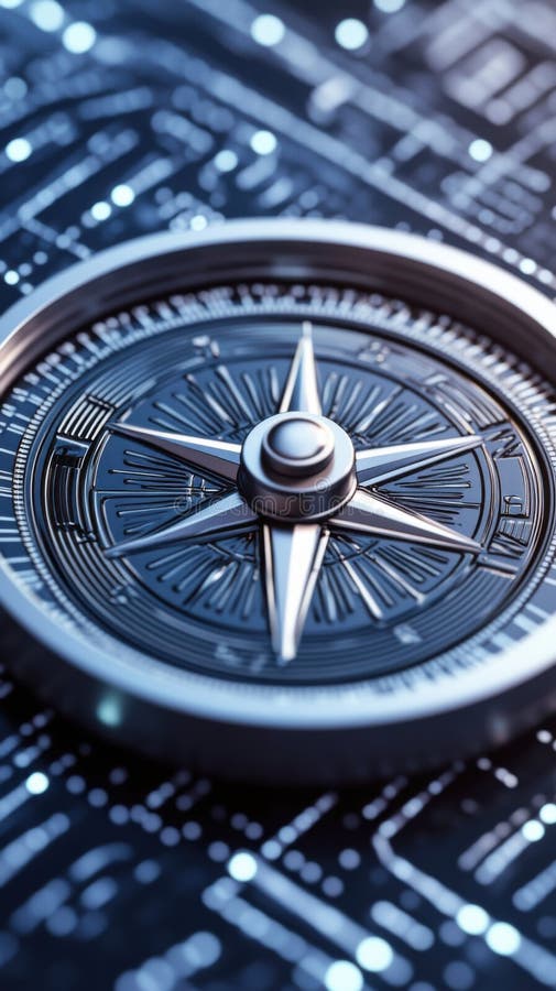 A Sleek Compass Rests on a Digital Circuit Board, Symbolizing ...