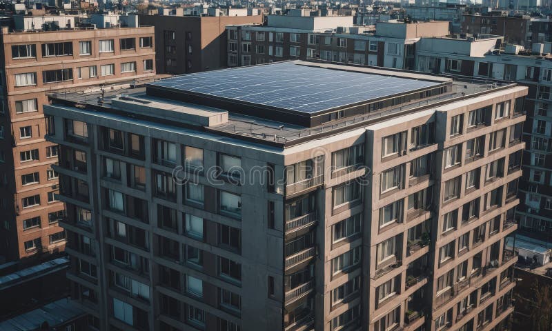 Modern High-rise Building with Flat Roof and Solar Panels on the Roof ...