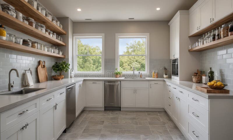 Modern Kitchen with White Cabinets, Gray Tile Floor, and Large Window ...