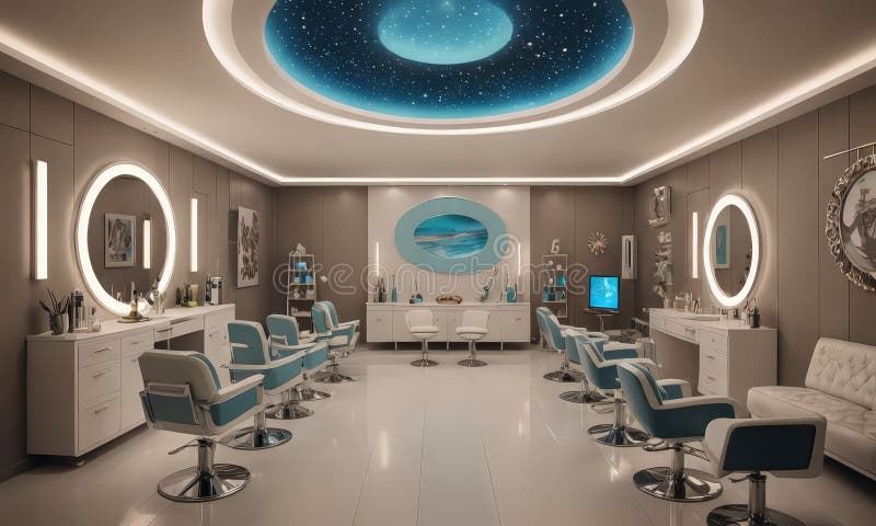 Modern Salon with Circular Blue Dome Ceiling, White Walls, and Blue ...