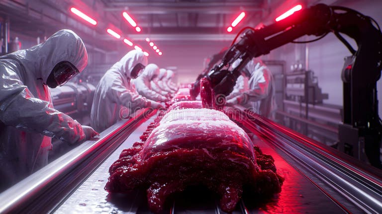 Automated Meat Processing Plant Workers in Protective Suits Handling ...
