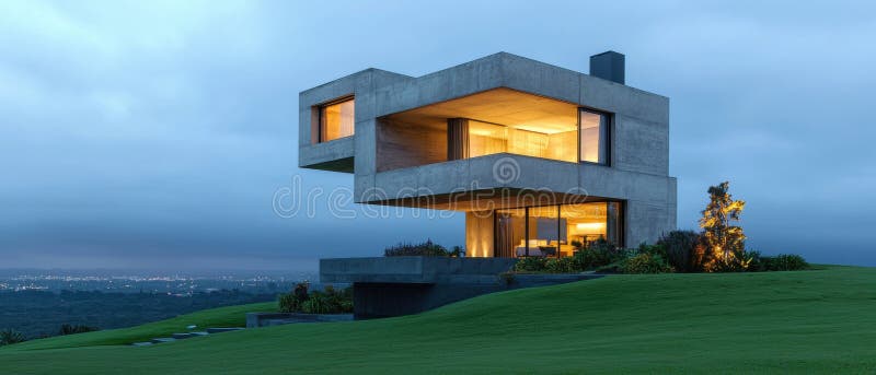 A Modern Concrete House with a Balcony and Garden Sits Atop a Hill ...