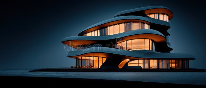 Modern House with Curved Walls and Large Windows Stock Image - Image of ...