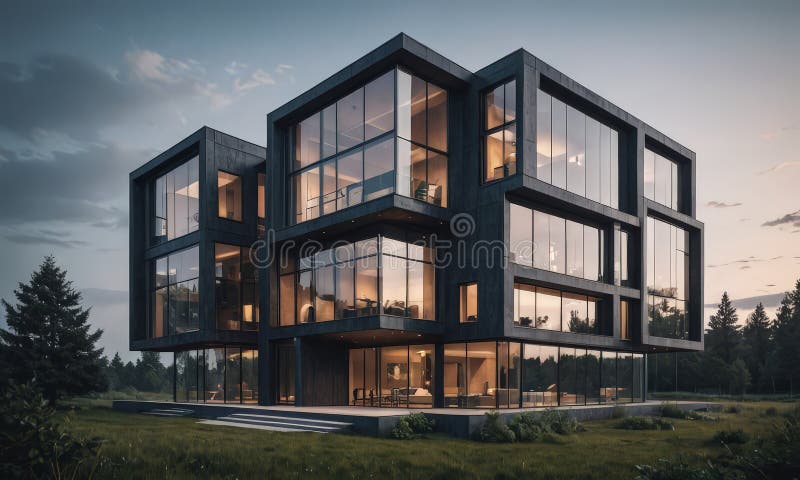 Modern, Multi-level Building with Large Windows and Black Exterior ...
