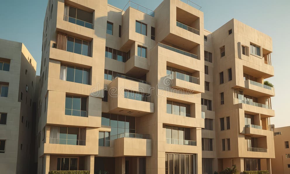 Modern, Multi-story Building with Geometric Design and Balconies, Set ...