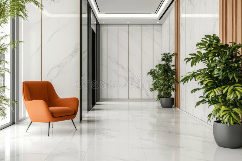 The Image Depicts a Modern Office Hallway that Includes an Orange ...