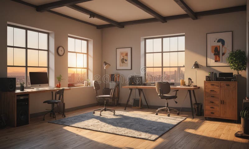 Modern Office Space with Large Windows, Wooden Furniture, and Desk with ...