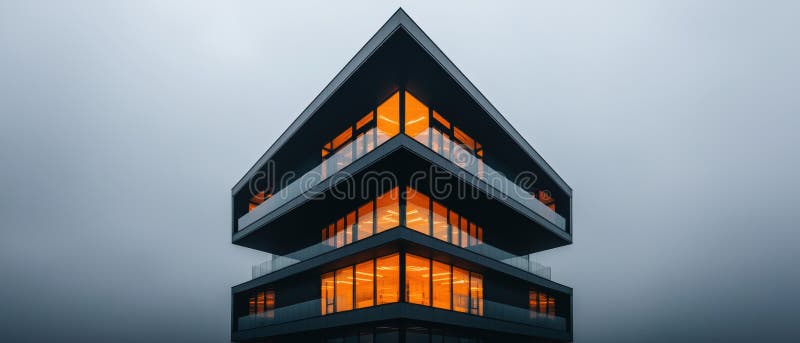 A Modern Building with a Triangular Roof and Orange Lights. Stock Photo ...