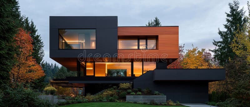 Modern House with Large Windows and Wooden Siding Stock Photo - Image ...