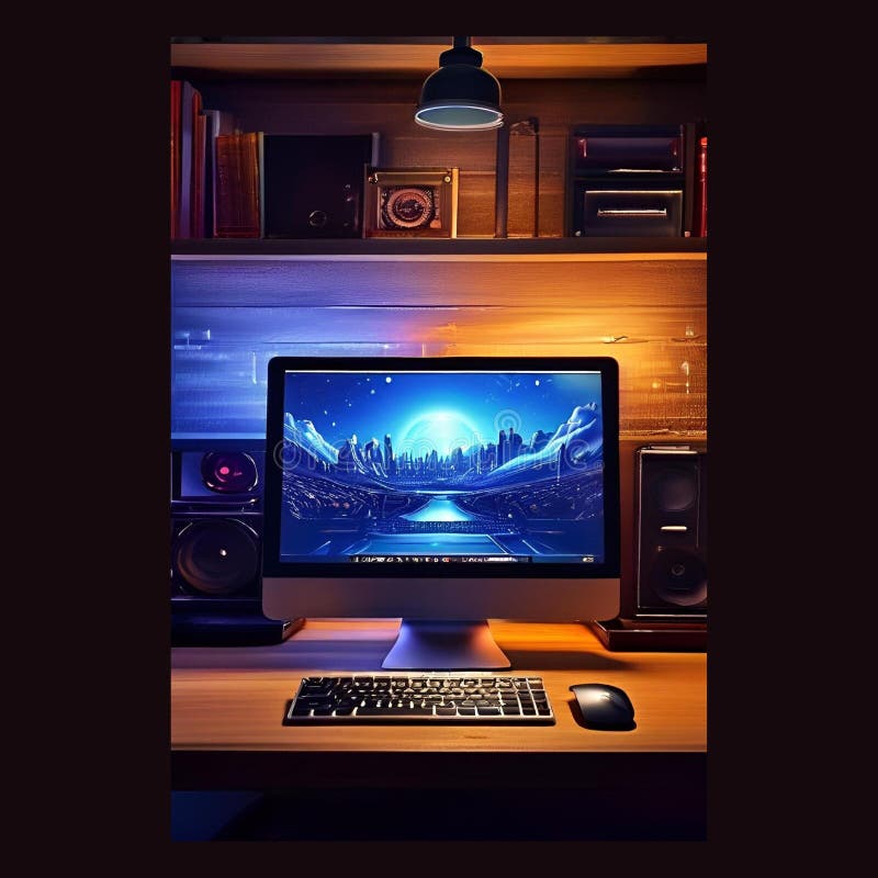 Futuristic Workspace with Sci-Fi Computer Display Stock Illustration ...