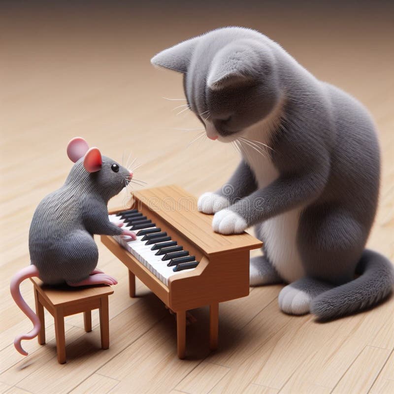 Mosue Playing Piano on Wodden Piano, and a Cat Sitting in Front of it ...