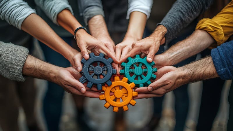Teamwork Hands Holding Colorful Interlocking Gears Blue Unity Group ...