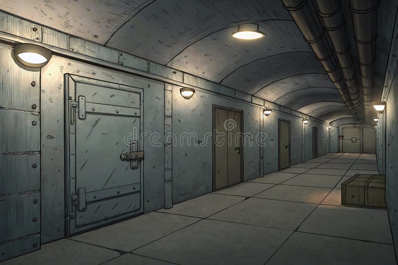 Mysterious Underground Hallway with Metallic Doors and Ceiling Lights ...