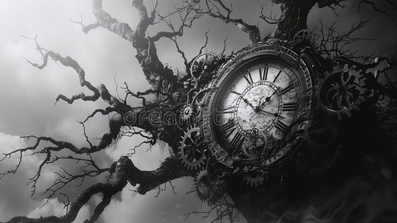 Mystical Ancient Clock Entwined in Spooky Bare Tree Black and White ...