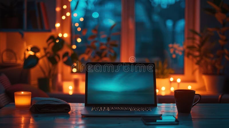 Nighttime Office Vibes: Laptop and Coffee on Desk Stock Illustration ...