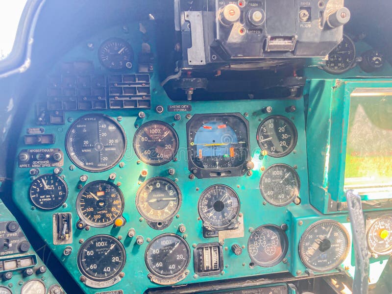 Image Depicts an Old Cockpit of an Aircraft with a Worn Control Panel ...