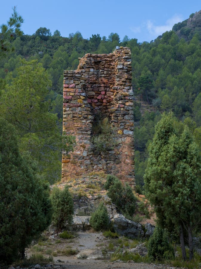 This Image Depicts an Old Stone Tower Ruin, Partially Overgrown with ...