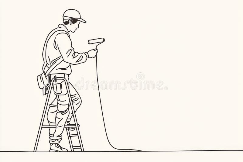 The Image Depicts an Ongoing Line Drawing of a Young Handyman Drawing ...