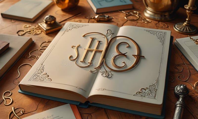 Open Book with Ornate Gold Lettering Rests on Wooden Surface ...