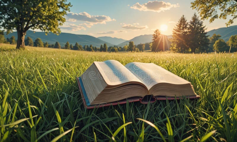Open Book Rests on Grassy Field, with Backdrop Trees, Mountains, and ...