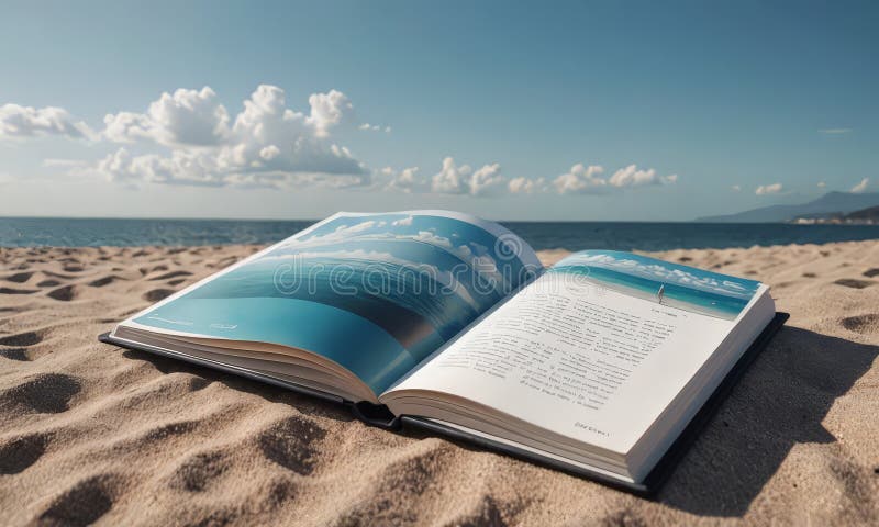 Open Book Lies on Sandy Beach, with the Ocean and Clear Blue Sky in the ...
