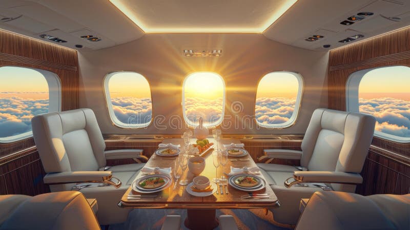 Luxurious Private Jet Dining Experience at Sunset, Generative AI Stock ...