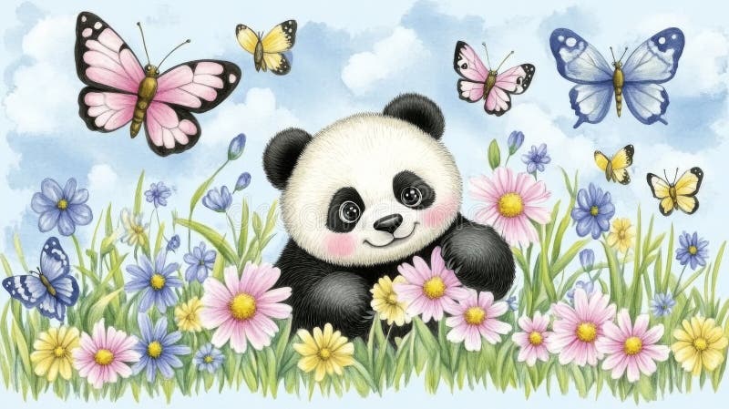 The Image Depicts a Panda Holding Flowers in a Meadow with a Butterfly ...