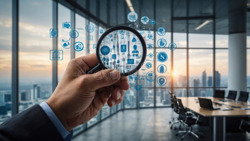 A Hand Holds a Magnifying Glass, Focusing on a Network of ...