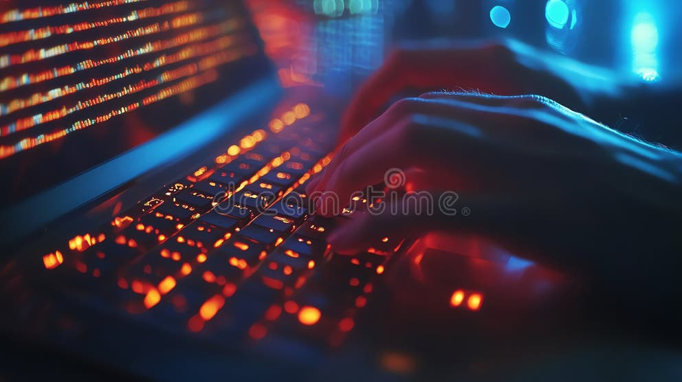 Hands Typing on a Backlit Keyboard in a Dark Computer Environment Stock ...