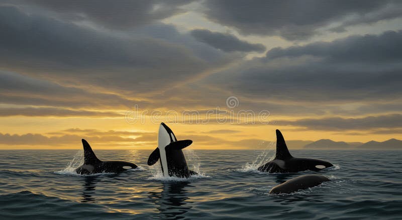 Orca Pod Breaching at Sunset Ocean - Generated Using Ai Stock ...