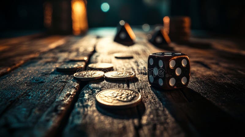 The Image Depicts Polished Dice Scattered on a Rustic Wooden Table ...