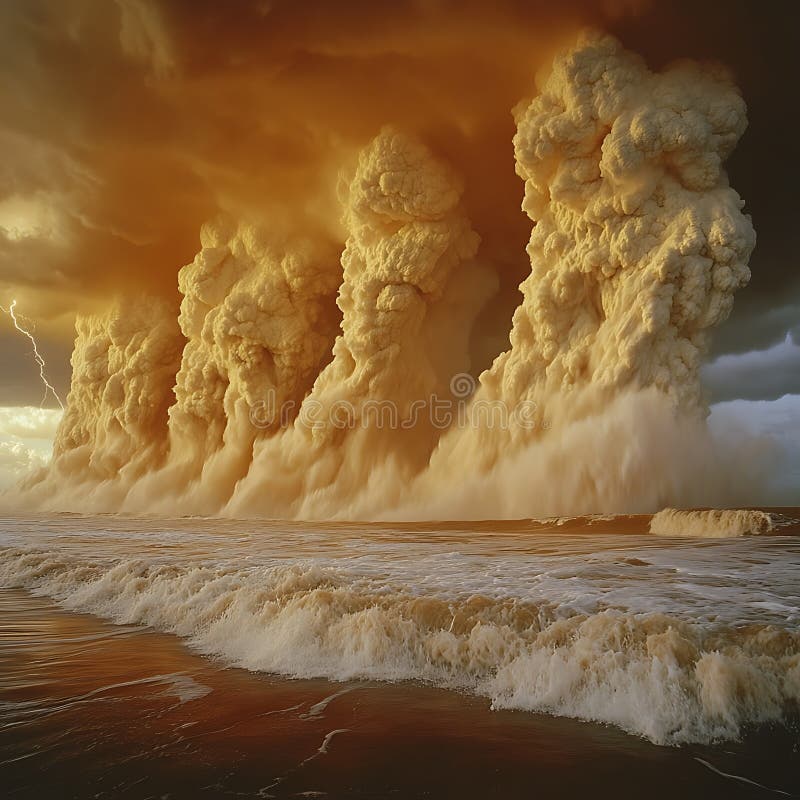 Massive Billowing Sandstorm Forms Over the Ocean Against a Stormy Sky ...