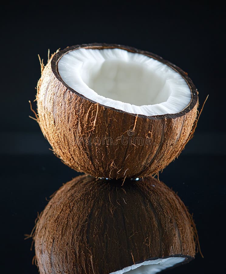 Realistic Coconut Half on Reflective Surface with Textured Shell and ...
