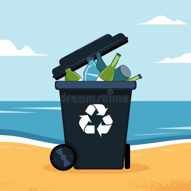 Recycling Bin with Bottles on Beach for Environmental Conservation ...