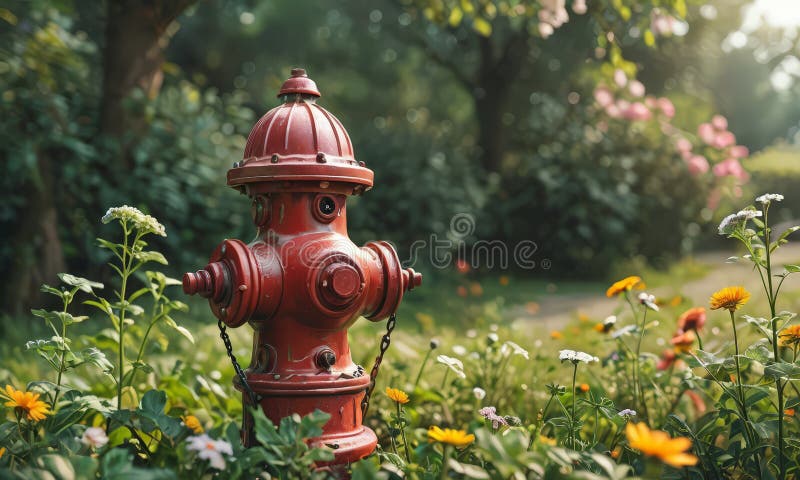 Red Fire Hydrant Stands Amidst Vibrant Garden, Surrounded by Lush ...