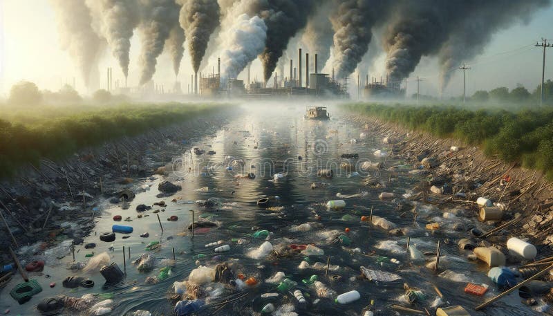 Polluted River Plastic Waste Industrial Smoke Background Stock Photos ...