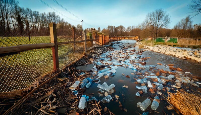 The Image Depicts a River Polluted with Plastic Waste, Highlighting the ...