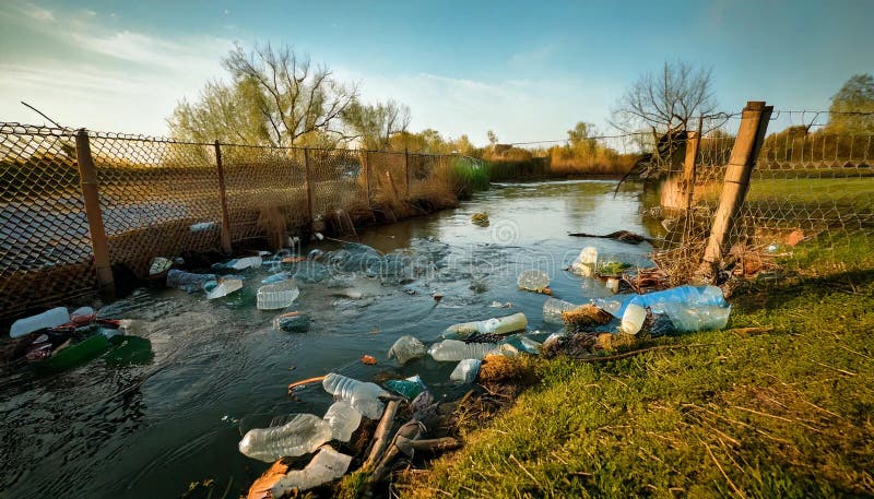 The Image Depicts a River Polluted with Plastic Waste, Highlighting the ...