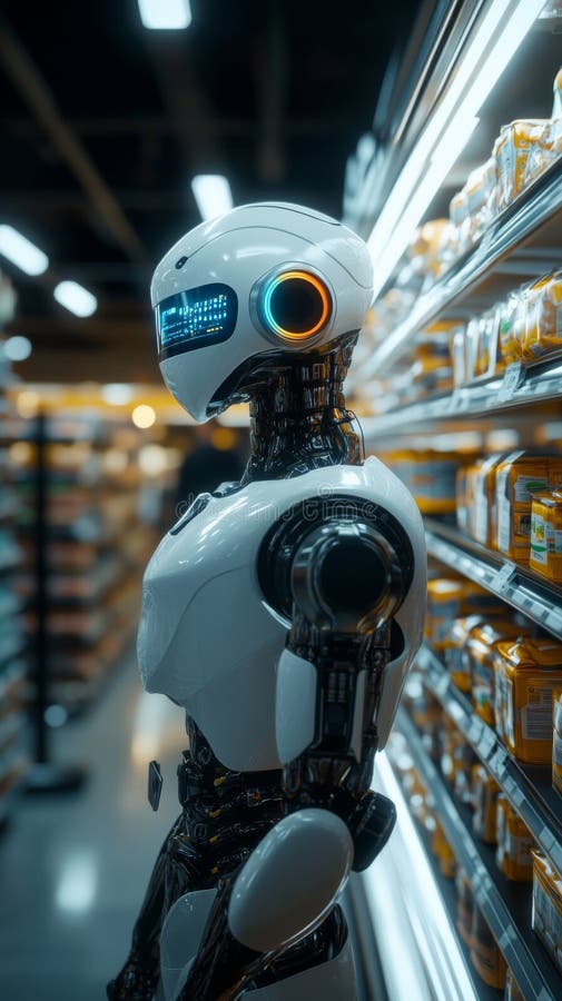 A Futuristic Robot Stands in a Well-stocked Grocery Store. this ...