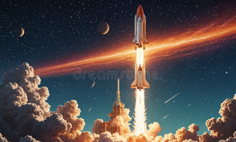White and Orange Rocket Soars into the Night Sky, Leaving Trail Smoke ...