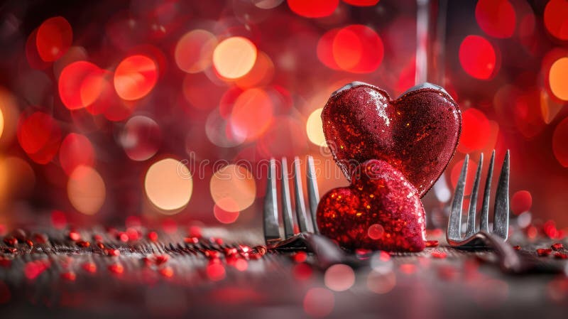 Romantic Valentine S Day Dinner with Heart, Forks, Defocused Gift, and ...