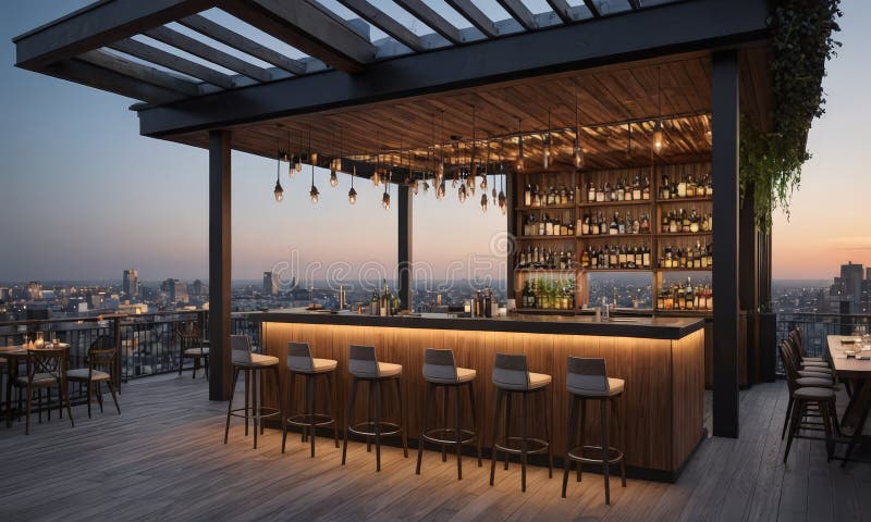 Rooftop Bar with Wooden Pergola, Bar Counter, and Seating Area ...