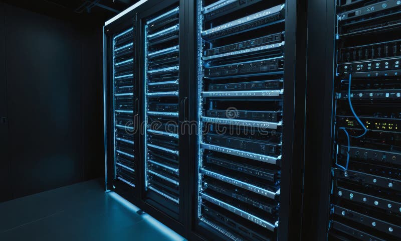 Dimly Lit Server Room Features Rows Black Racks with Silver Handles ...