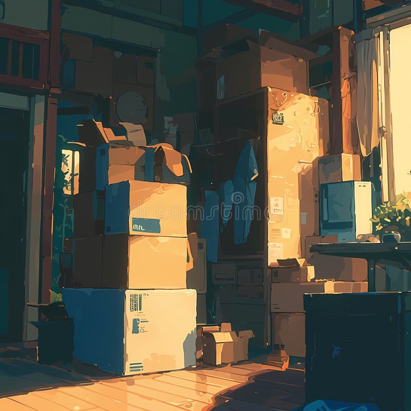 Abandoned Room Filled with Stacks of Boxes Stock Illustration ...