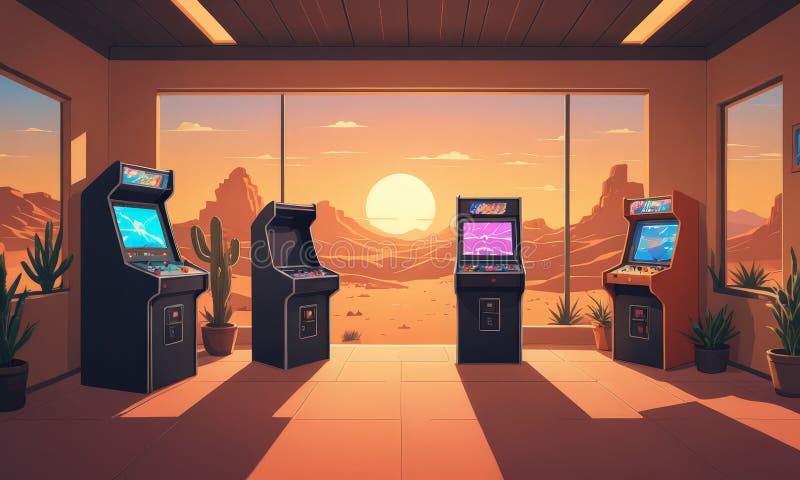 Room with Three Arcade Cabinets and Large Window, Featuring Sunset View ...
